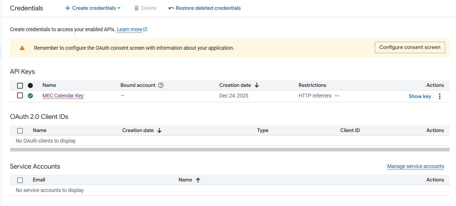 Creating Google Calendar API Key - MEC Knowledgebase