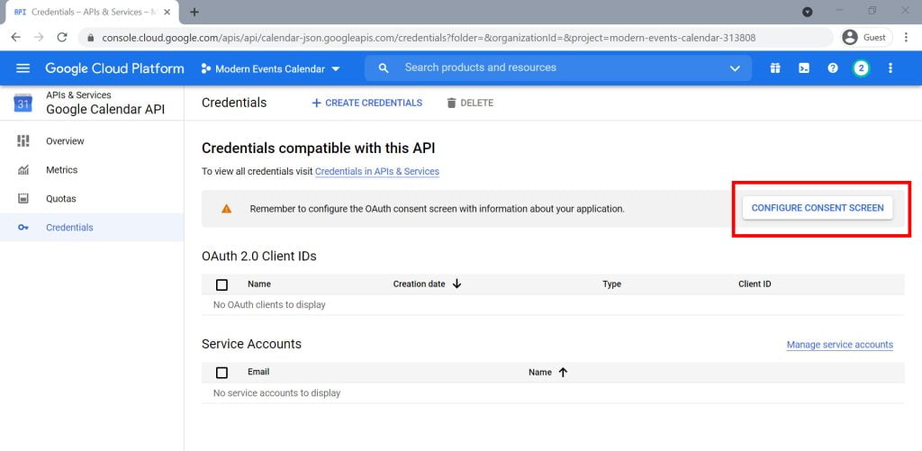 Creating Google Calendar API Key - MEC Knowledgebase