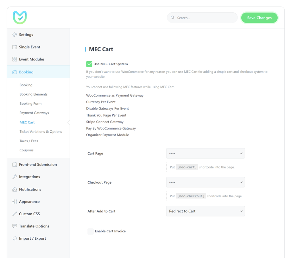Booking Settings - MEC Knowledgebase