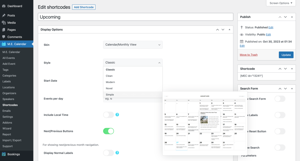 Calendar/Monthly View Skin Settings - MEC Knowledgebase